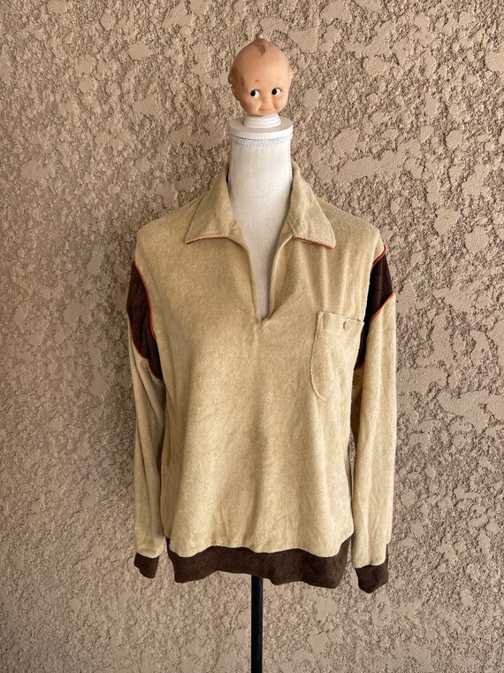 Vintage 70s Weeds Brown Terry Cloth Pullover Long-Sle… - Gem