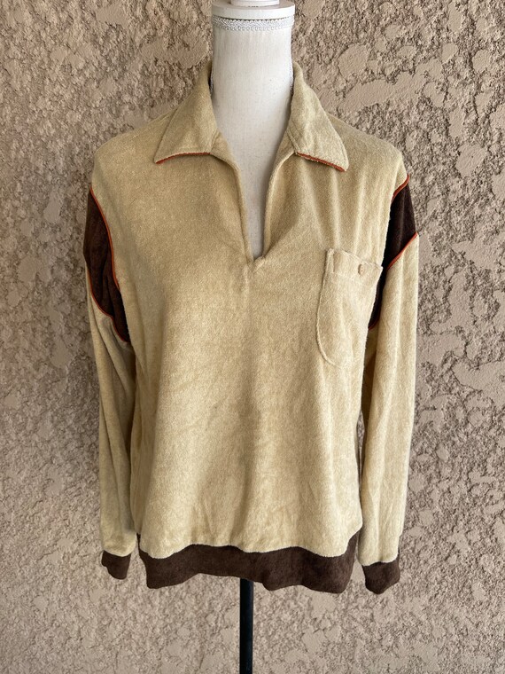 Vintage 70s Weeds Brown Terry Cloth Pullover Long-Sle… - Gem