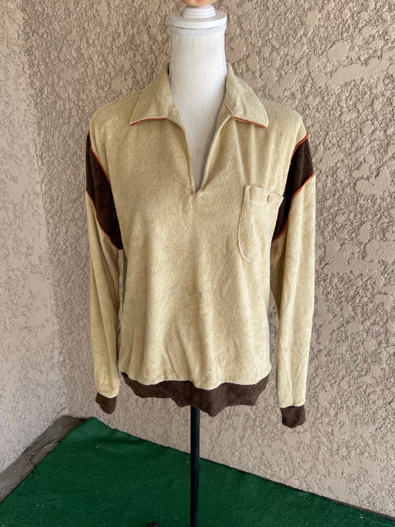 Vintage 70s Weeds Brown Terry Cloth Pullover Long-Sle… - Gem