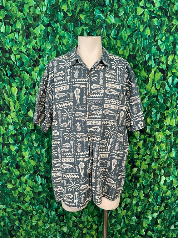 Vintage Island Shores Blue Hawaiian Shirt with Fish a… - Gem