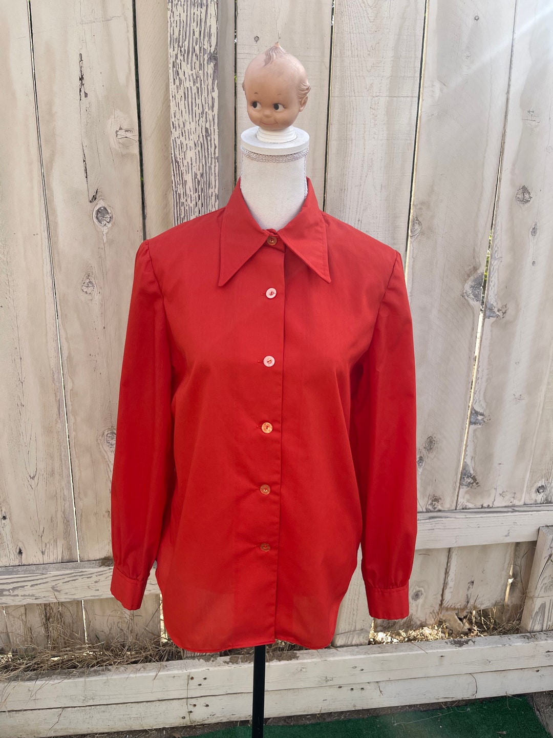 Vintage 1970s Bright Lipstick Red Long-sleeve Button-up Blouse, Women's ...