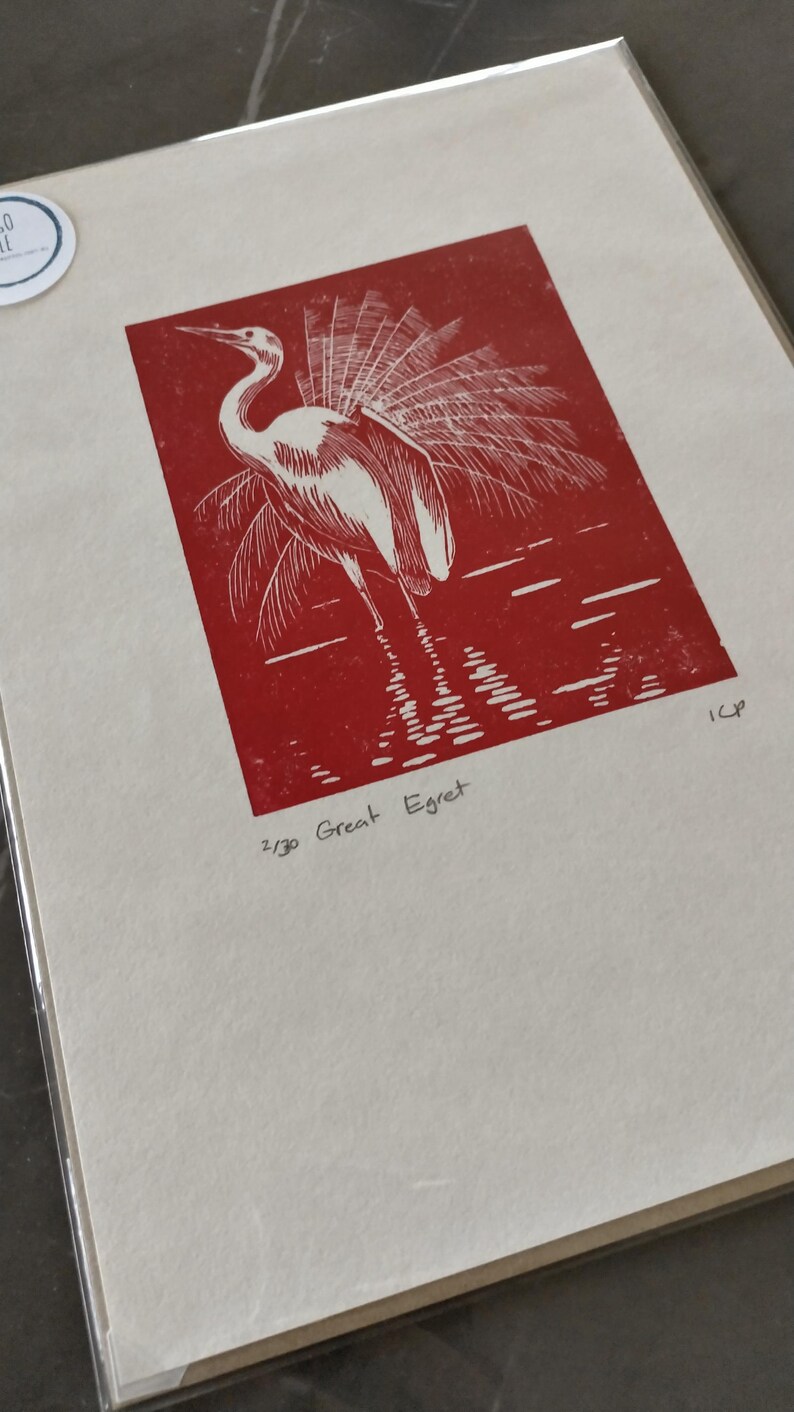 Limited Edition Relief Print A4 - Great Egret 2/30 in Rubine Red - Etsy