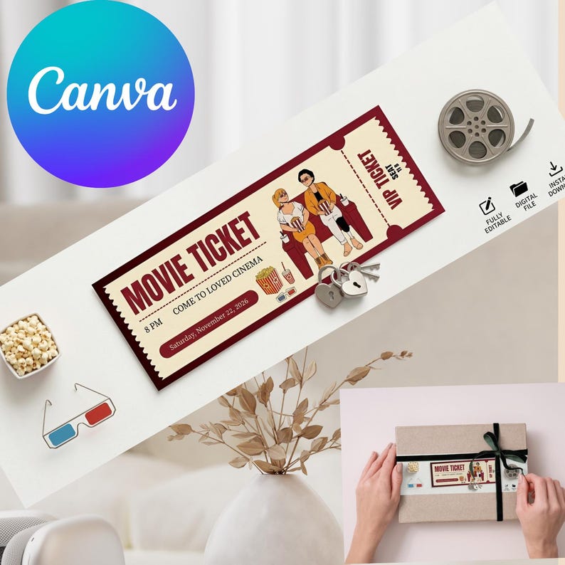 Editable Movie Ticket Gift Template, Birthday Surprise Reveal Voucher ...