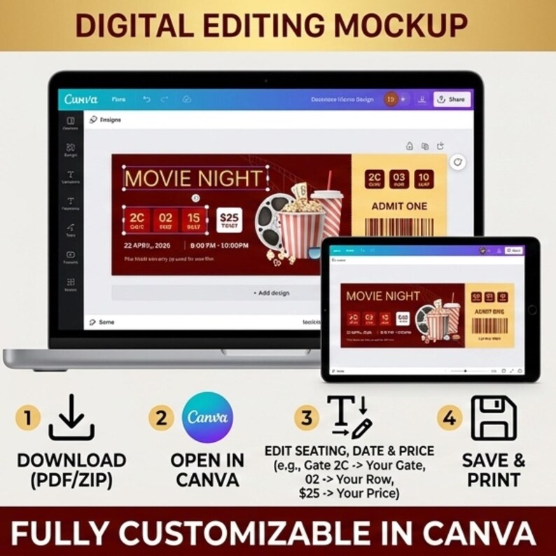 Editable Movie Night Ticket Template – Canva Cinema Gift Reveal ...