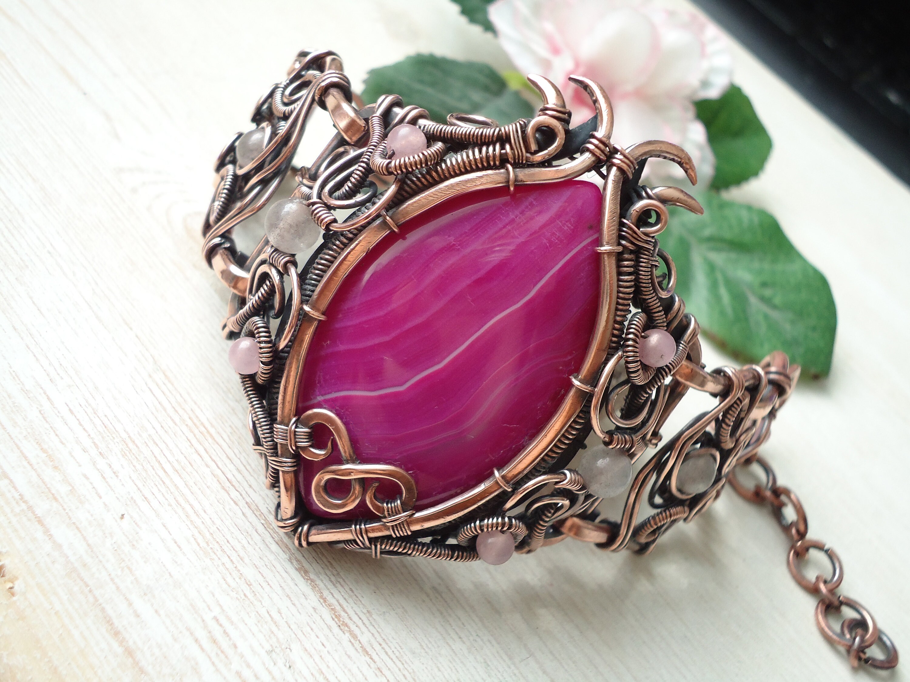 Copper Bracelet With Agate and Pink Quartz, Wire Wrapped Bangle, Copper ...