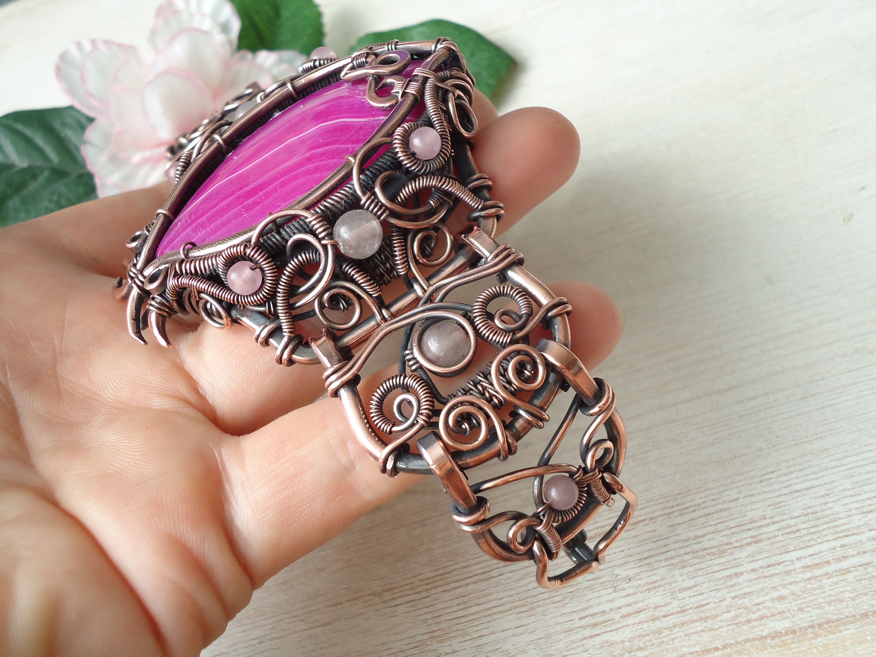 Copper Bracelet With Agate and Pink Quartz, Wire Wrapped Bangle, Copper ...