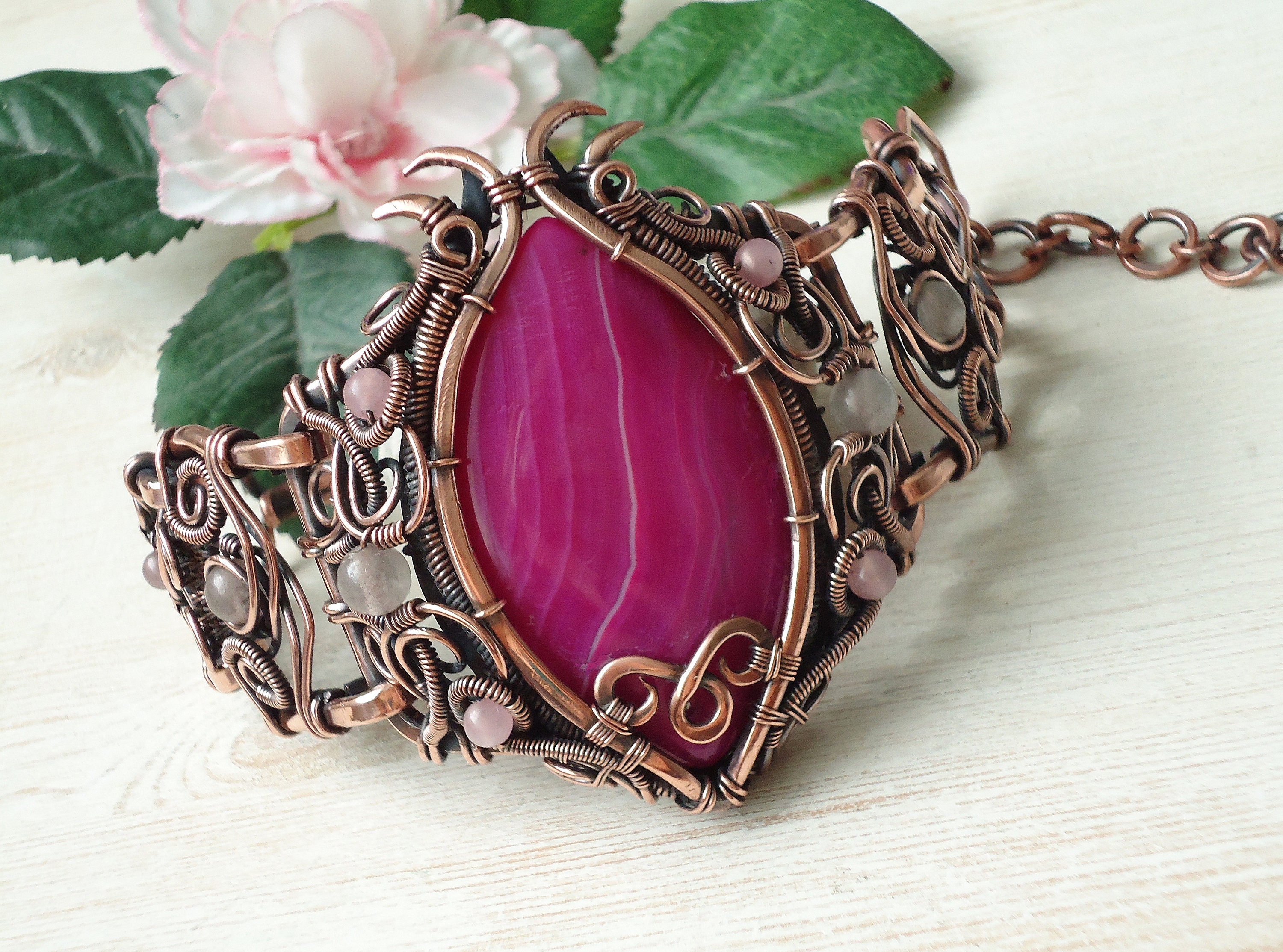 Copper Bracelet With Agate and Pink Quartz, Wire Wrapped Bangle, Copper ...