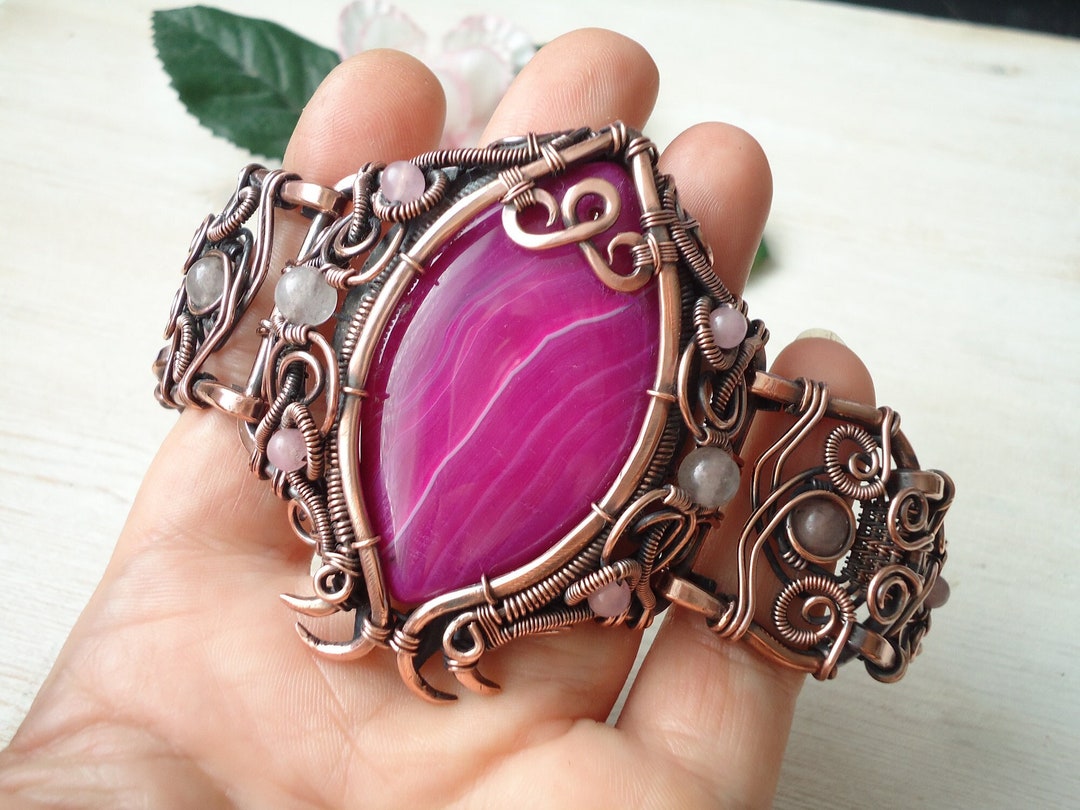 Copper Bracelet With Agate and Pink Quartz, Wire Wrapped Bangle, Copper ...