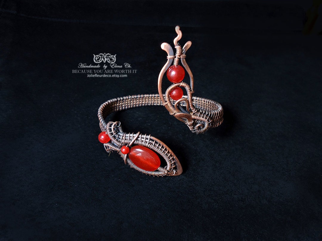 Adjustable Red Jade Bracelet Copper Jewelry Wire Wrapped Bangle Copper Bracelet Red Beads Copper ...