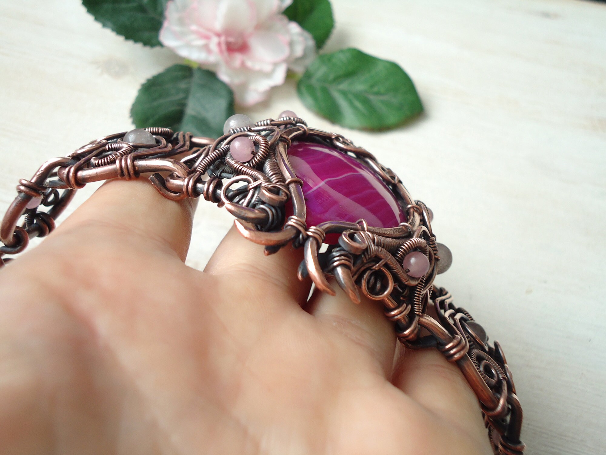 Copper Bracelet With Agate and Pink Quartz, Wire Wrapped Bangle, Copper ...