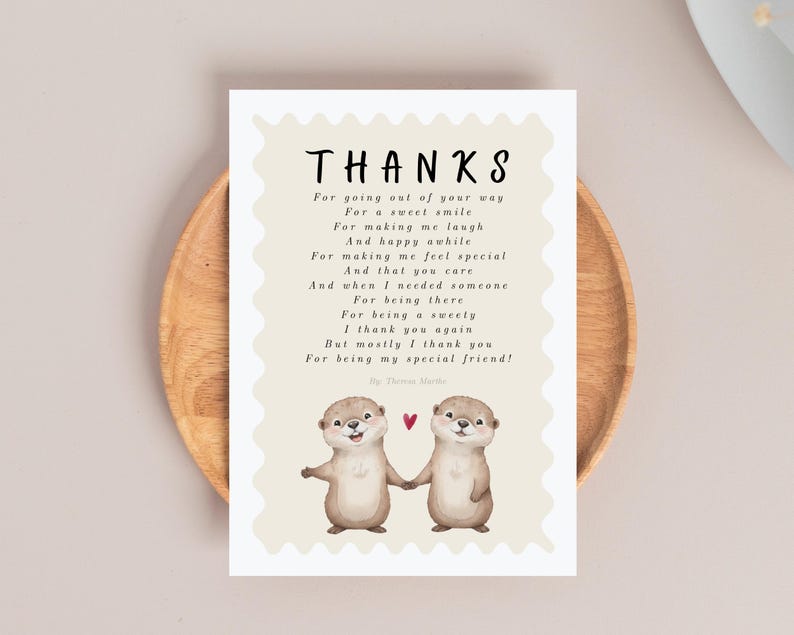 Thank You Friendship Letter Card Printable, Cute Poem for Best Friend ...