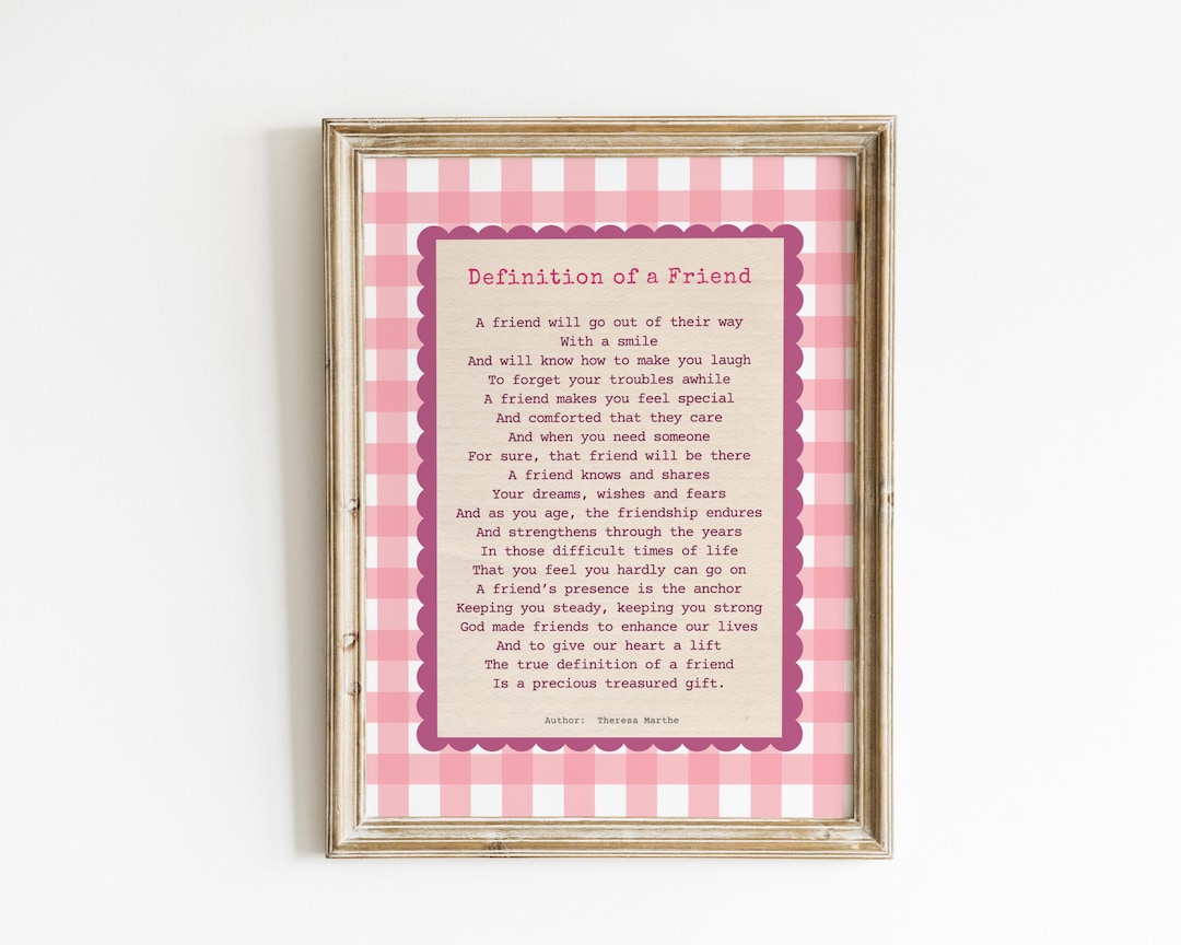 Best Friend Printable Wall Art, Christian Friendship Poem, Pink Gingham ...