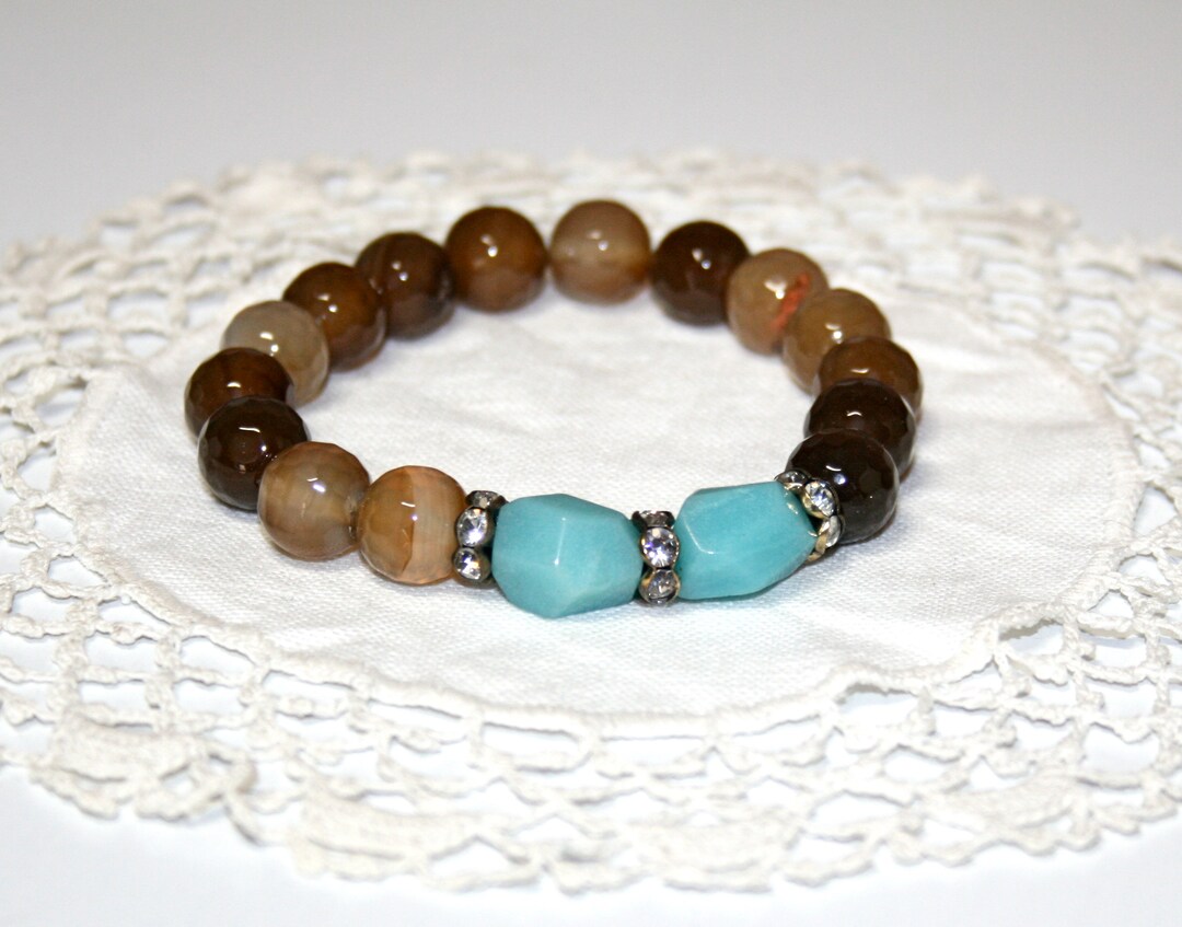 Amazonite Bracelet, Stretch Stacker Bracelet, Brown and Blue Bracelet ...