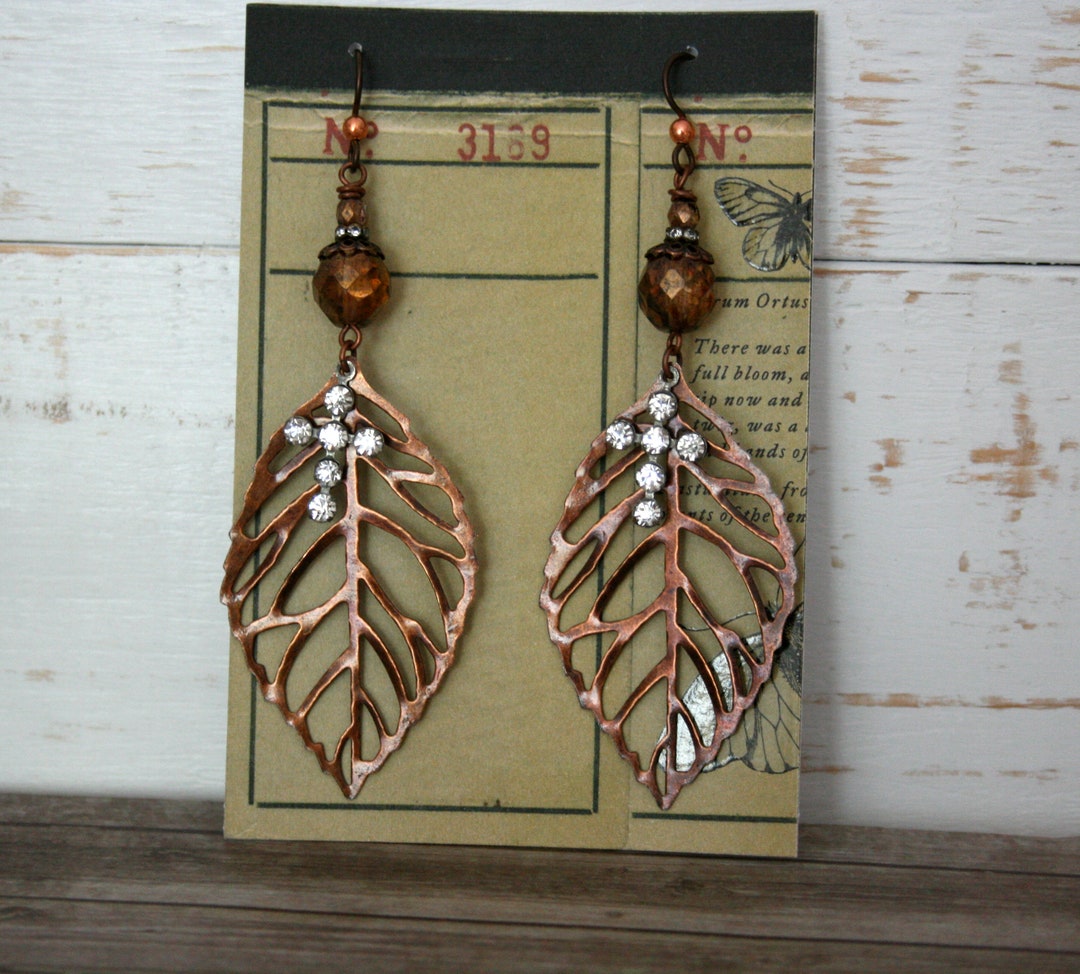 Copper Leaf Earrings, Rustic Copper Earrings, Rustic Patina Earrings ...