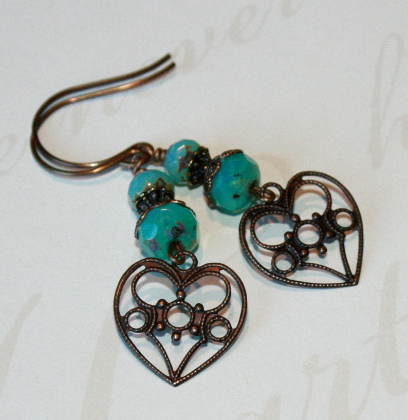 Dangling Heart Earrings Aqua Blue Earrings Vintaj Earrings Rustic