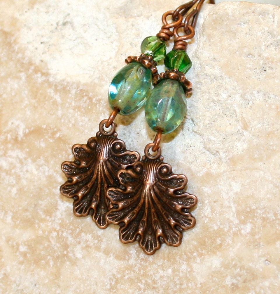 Blue Green Earrings Sea Shell Earrings Cottage Chic Copper - Etsy