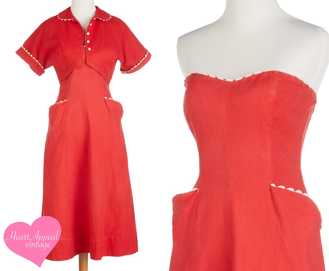 Vintage 1950s Petti Dress Set // Red White Trim Pocket Day Dress Bolero ...