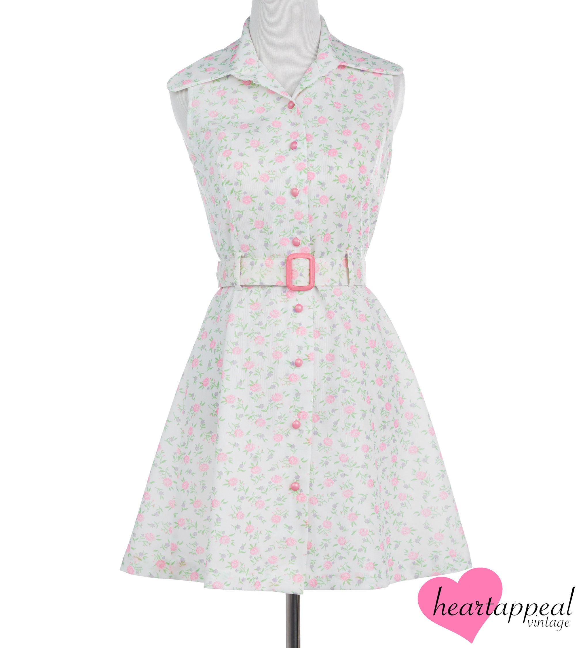 Vintage 60s 70s Dress | Pink Multi Color Floral Collared Belted Mod ...