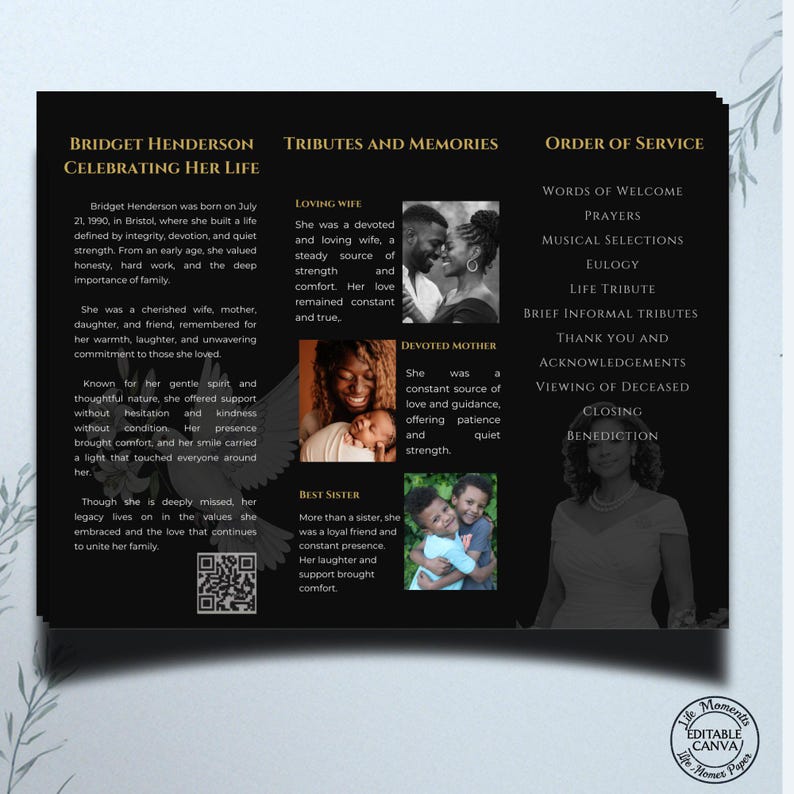 Trifold Funeral Program Template for Woman, Black & Gold Obituary ...
