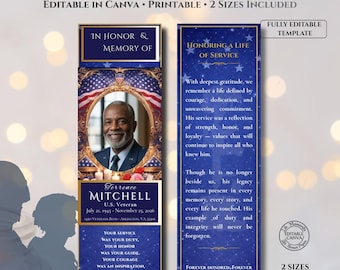 Patriotic Funeral Bookmark Template, Military Memorial Keepsake ...