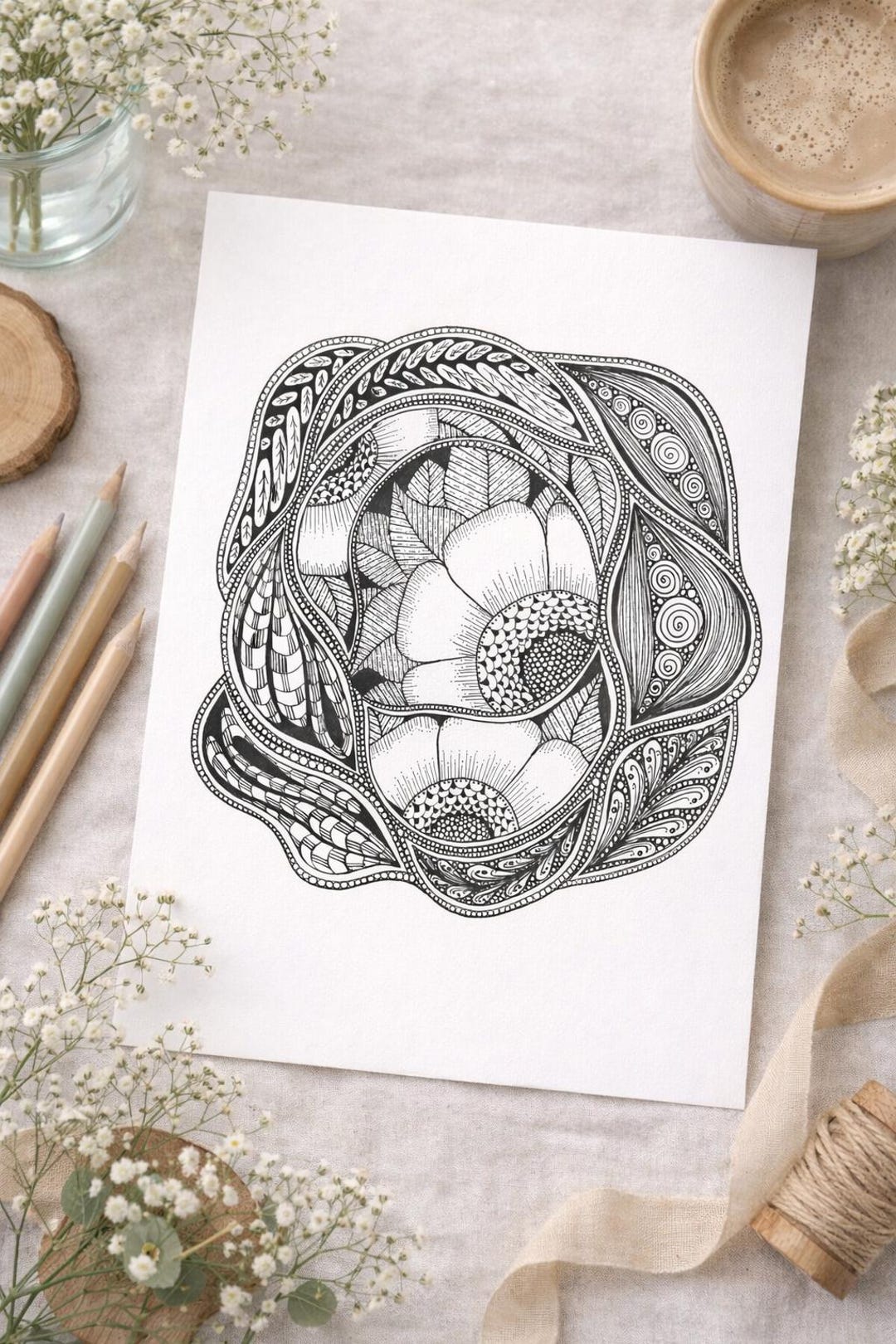 Still Blooming - Printable Coloring Page | Hand-drawn Floral Line Art ...
