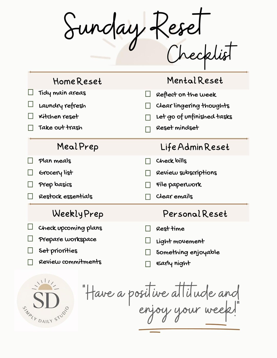 Sunday Reset Checklist Printable | Prepare for the Week | Weekly Prep ...