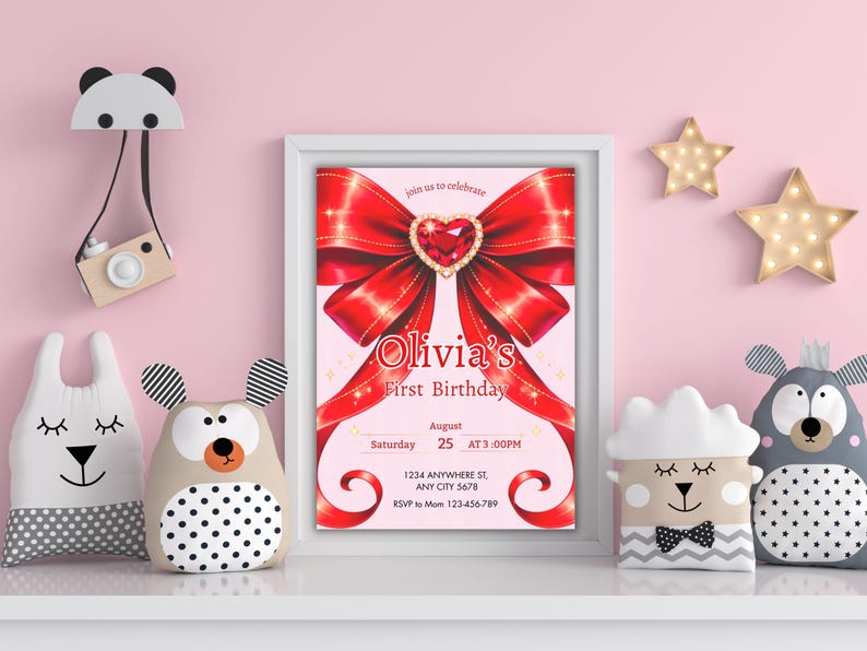Red Bow Birthday Invitation, Girl Birthday Invite, Editable Canva ...
