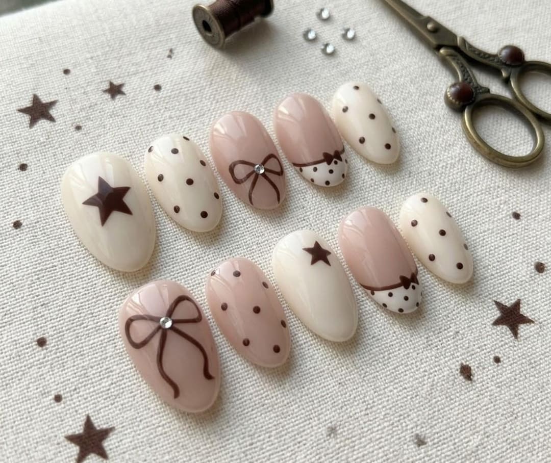 Brown Coquette Press on Nails, Ribbon Bow Fake Nails, Vintage Chocolate ...
