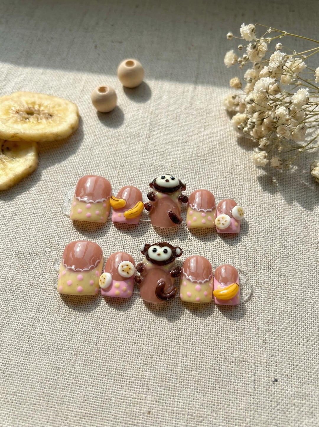 Handmade Pink and Yellow 3D Monkey Nails: Kawaii Handmade Latte Art Gel ...