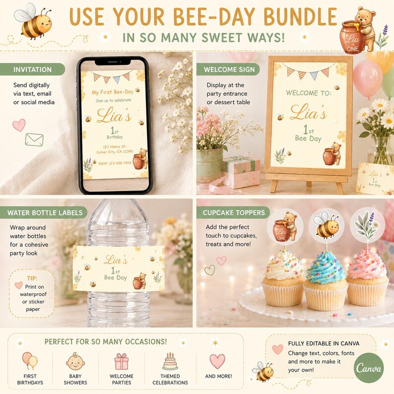 Editable Bee-day Party Bundle Template, First Bee Birthday Invitation ...