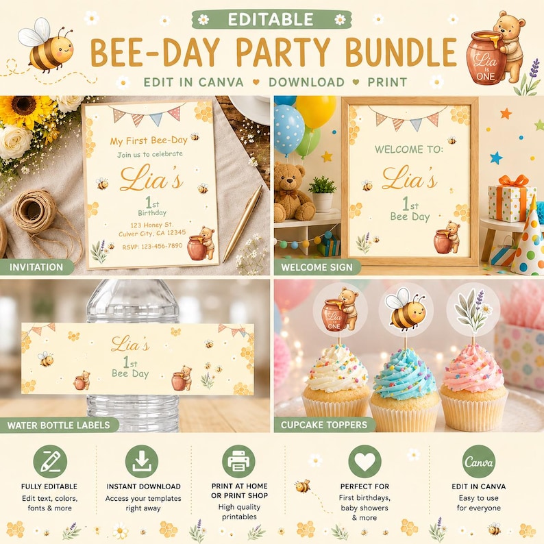 Editable Bee-day Party Bundle Template, First Bee Birthday Invitation ...
