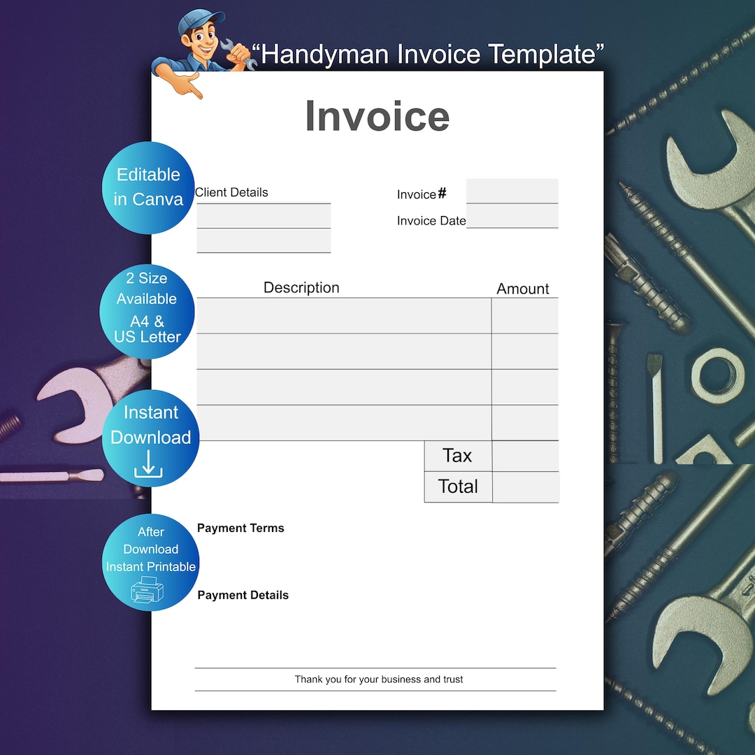 Handyman Invoice Template Editable in Canva, Service Billing Form for ...