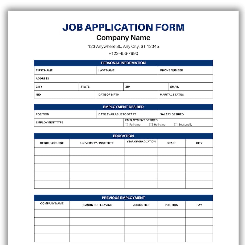 Editable Job Application Form Template Canva Professional Employment ...