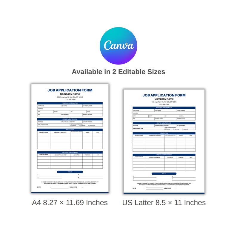 Editable Job Application Form Template Canva Professional Employment ...