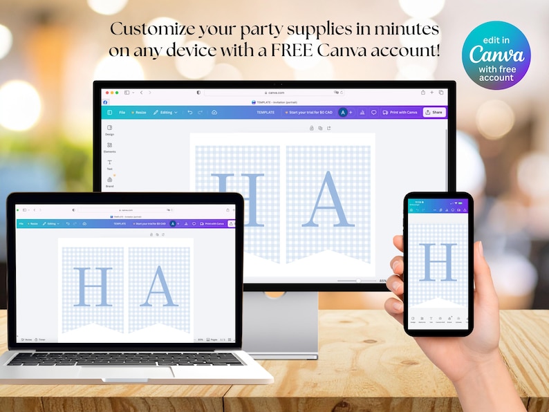 Printable Happy Birthday Banner Template, Editable Blue Gingham Boy ...