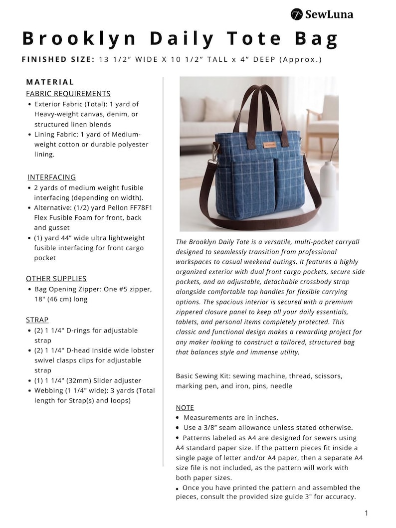 Tote Bag Sewing Pattern PDF | Brooklyn Multi-pocket Crossbody Bag ...