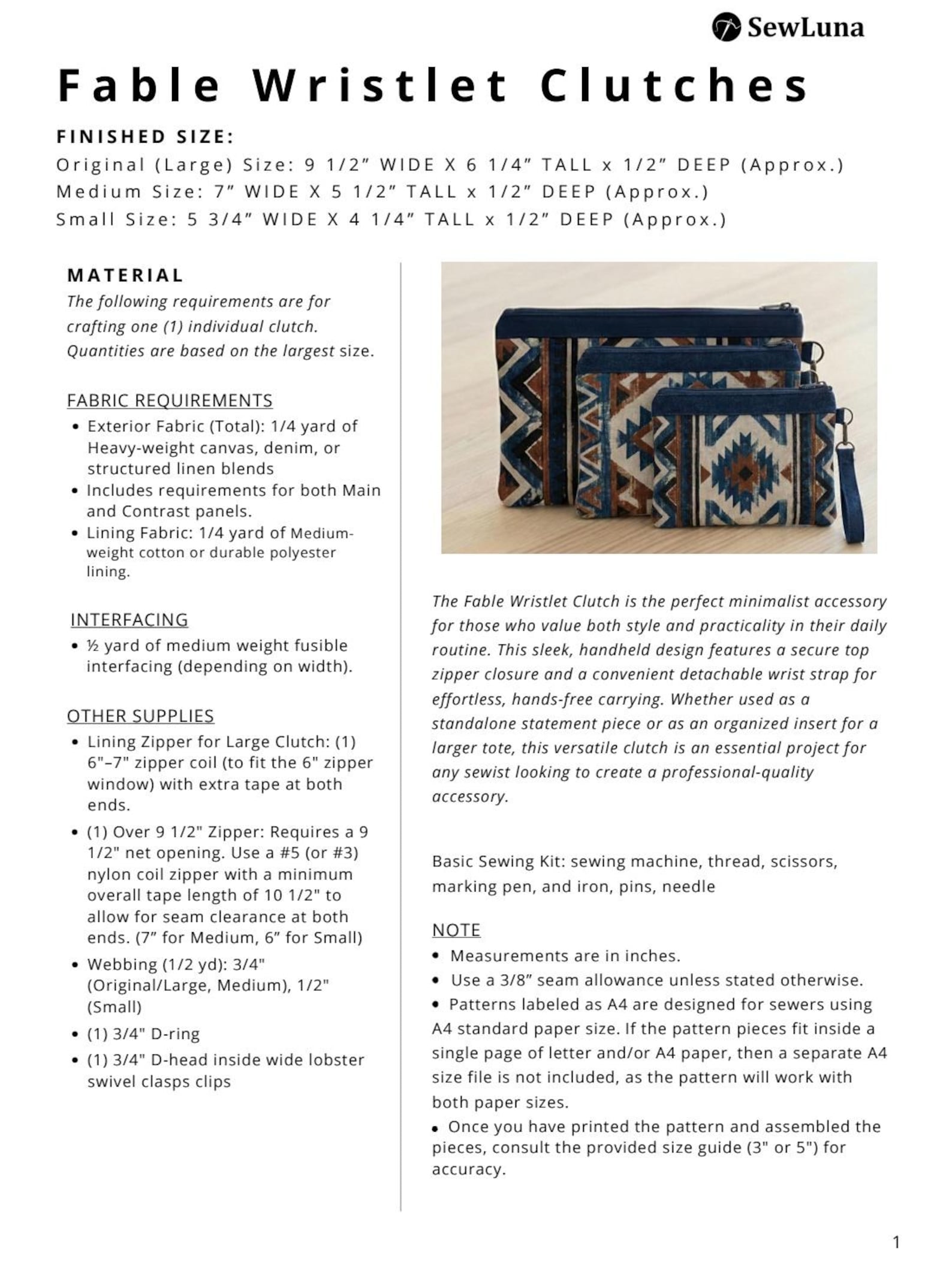 Fable Wristlet Clutches PDF Sewing Pattern | 3 Sizes, Beginner Zipper ...