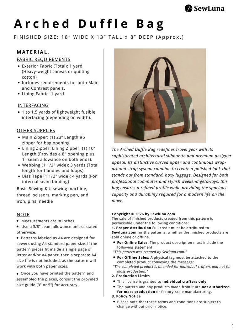 Arched Duffle Bag PDF Sewing Pattern | Weekender Travel Bag Tutorial ...