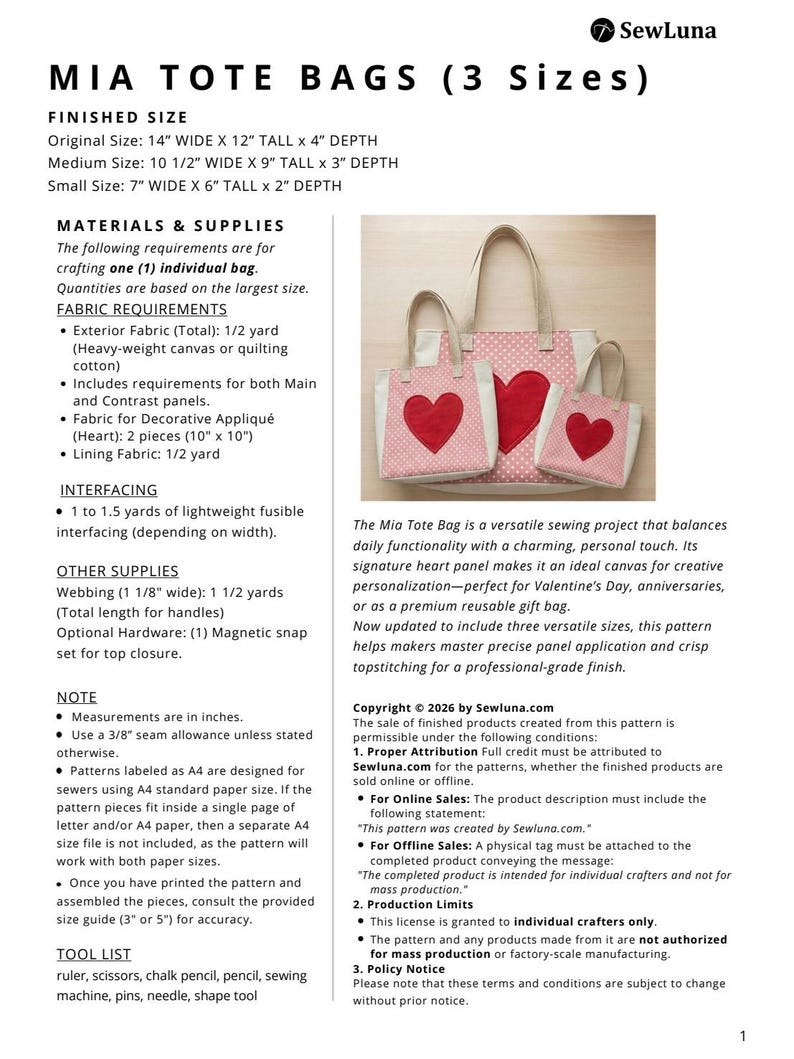 Mia Tote Bag Sewing Pattern PDF | 3 Sizes Included | DIY Valentine's ...