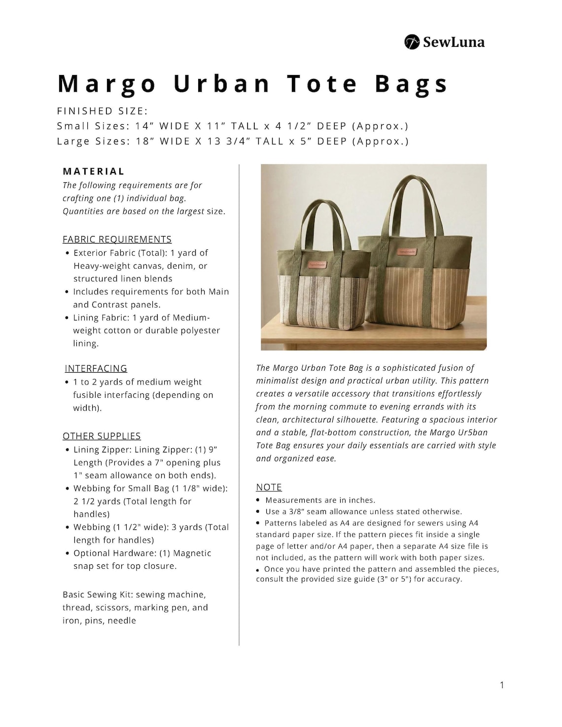 Margo Urban Tote Bags Sewing Pattern (2 Sizes) | Beginner DIY Canvas ...