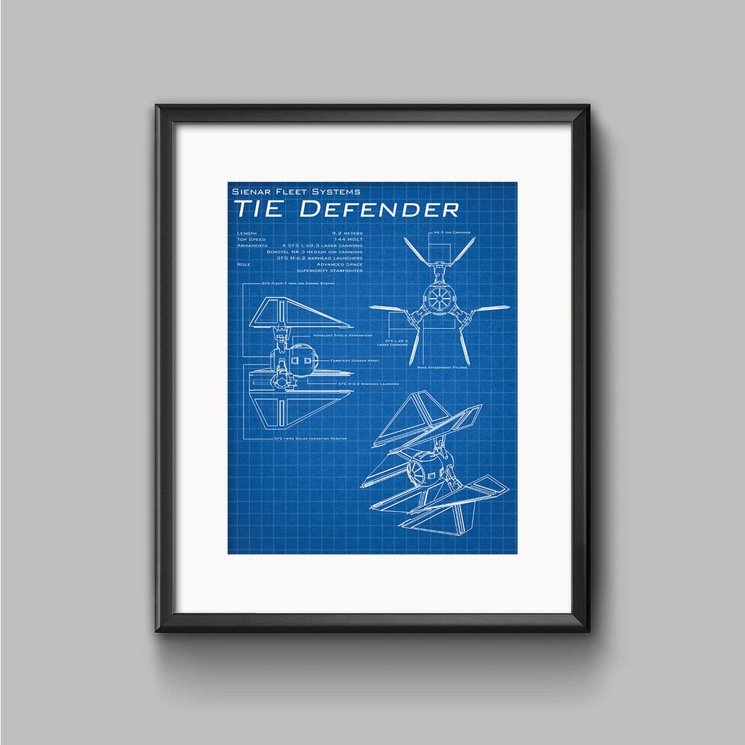 Star Wars TIE Defender Schematic Art Print - TIE Fighter, TIE Bomber ...