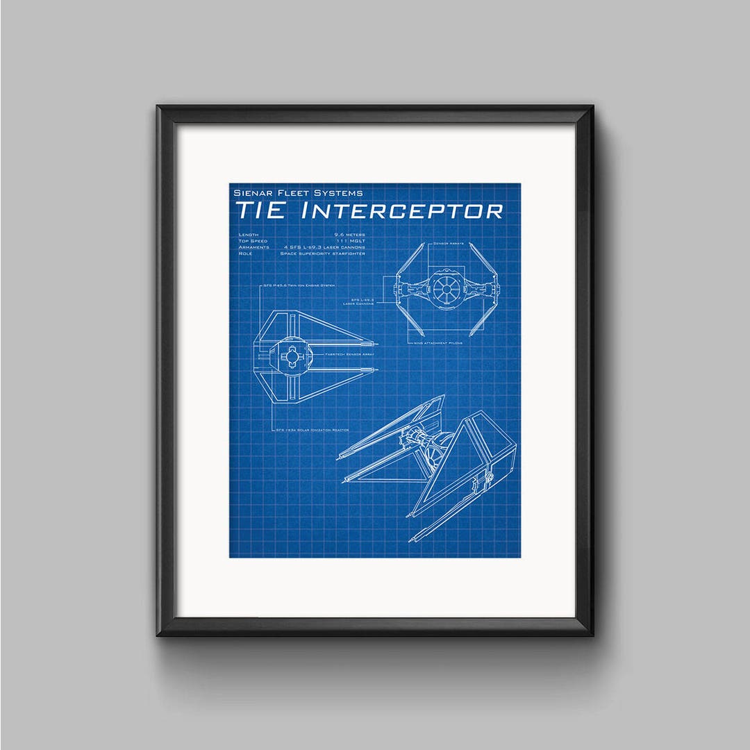 Star Wars TIE Interceptor Schematic Art Print - TIE Fighter, TIE Bomber ...