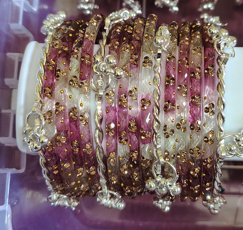 Colorful Indian Glass Bangles | Gold Glitter Charm Set, Bridal Wedding ...
