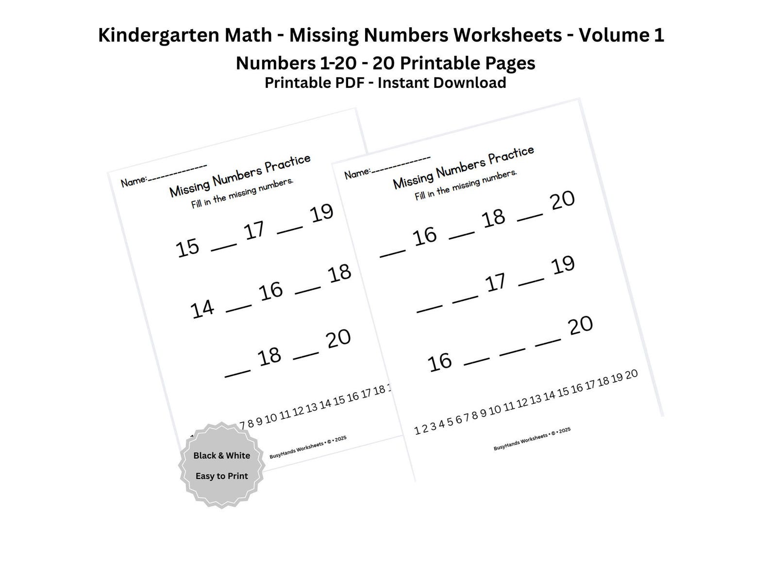 Kindergarten Missing Numbers Worksheets Volume 1 | Numbers 1–20 ...