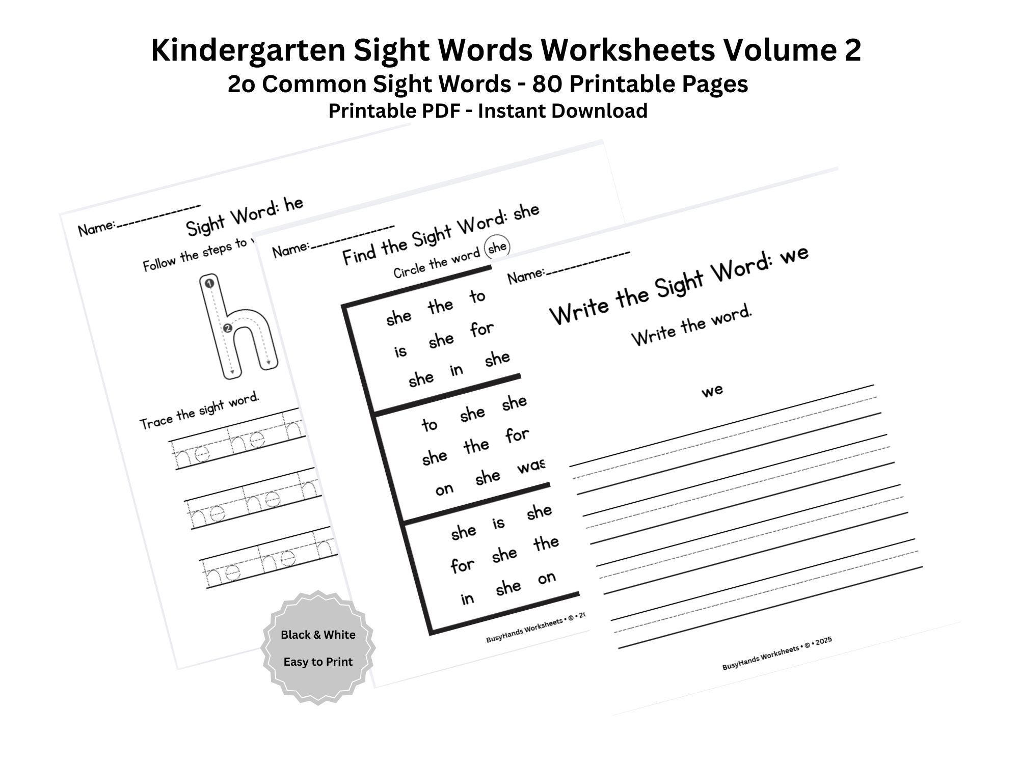 Kindergarten Sight Words Worksheets Volume 2 | 20 High Frequency Words ...