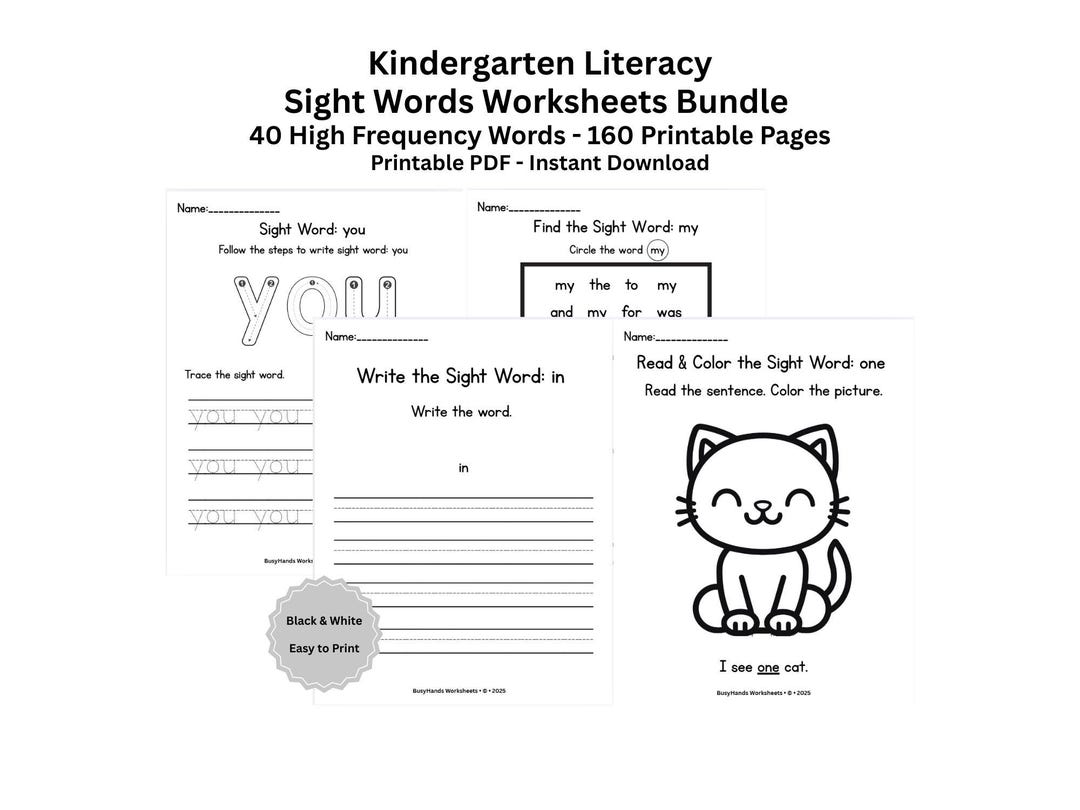 Kindergarten Sight Words Worksheets Bundle | 40 High Frequency Words ...