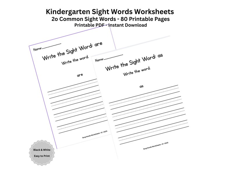 Kindergarten Sight Word Worksheets | 20 Sight Words | 80 Pages ...