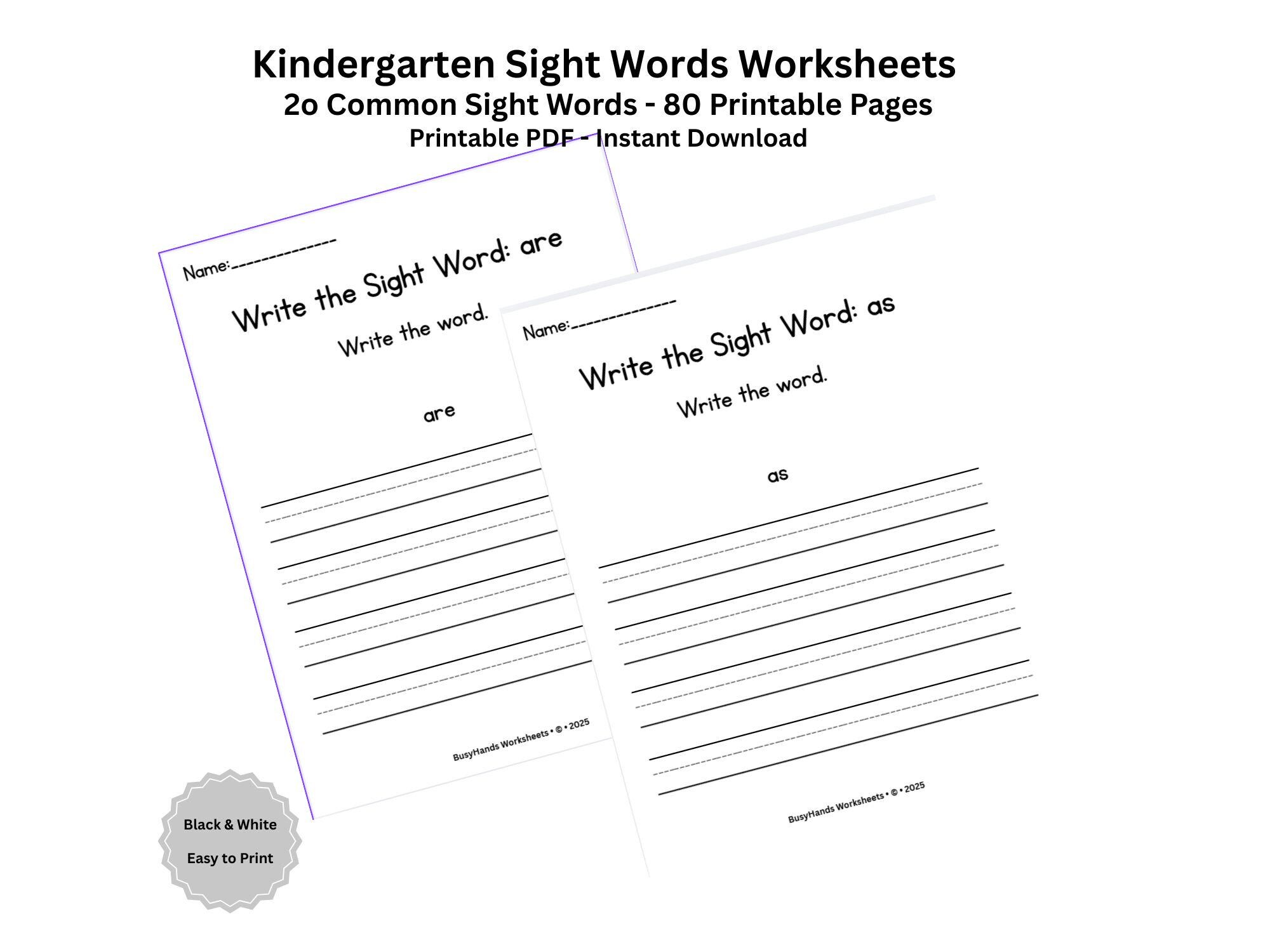Kindergarten Sight Word Worksheets | 20 Sight Words | 80 Pages ...