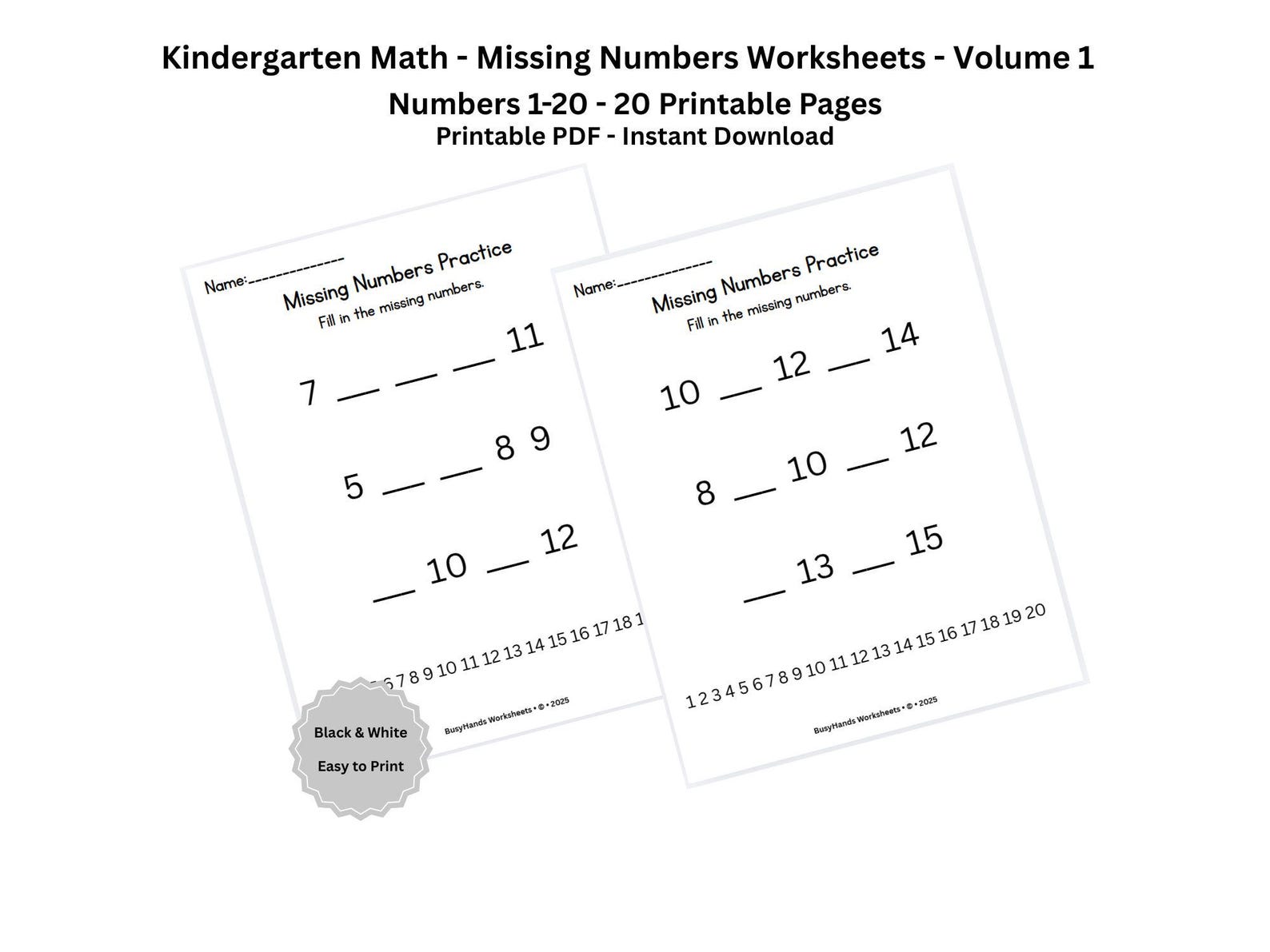 Kindergarten Missing Numbers Worksheets Volume 1 | Numbers 1–20 ...
