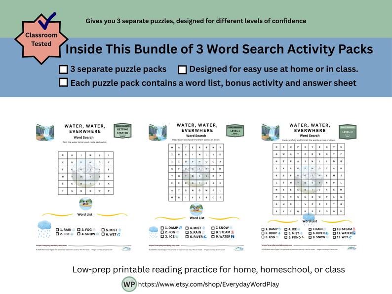 Water Word Search Puzzle Bundle: Early Reader Activity Packs (3 Levels ...